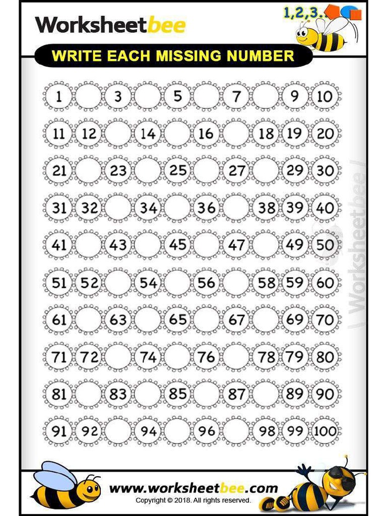 Write Each Missing Number 1 100 Printable Worksheet For Kids About To ...