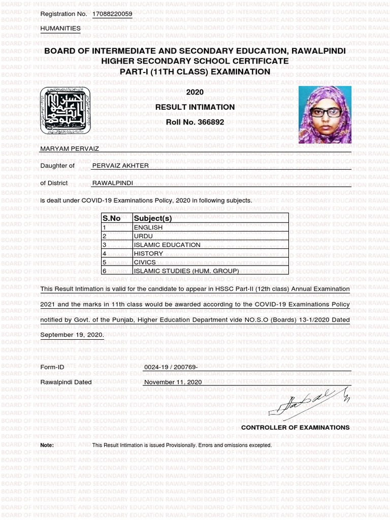 Board of Intermediate and Secondary Education, Rawalpindi Higher ...
