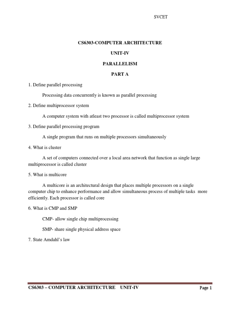 Cs6303-Computer Architecture Unit-Iv Parallelism Part A: Svcet | Download Free PDF | Parallel ...