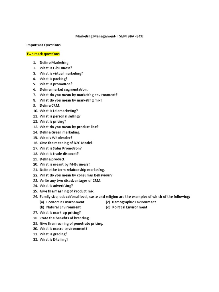 Important Questions MARKETING MANAGEMEMT | PDF | Marketing | Consumer ...