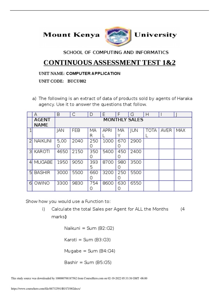 Continuous Assessment Test 1&2: School of Computing and Informatics ...
