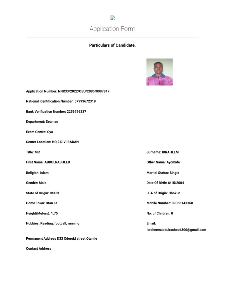 Application Form: Particulars of Candidate | PDF