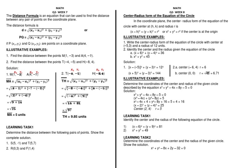 Math Q2-Week 7 Math Q2 - Week 8 Center-Radius Form of The Equation of The Circle | PDF ...