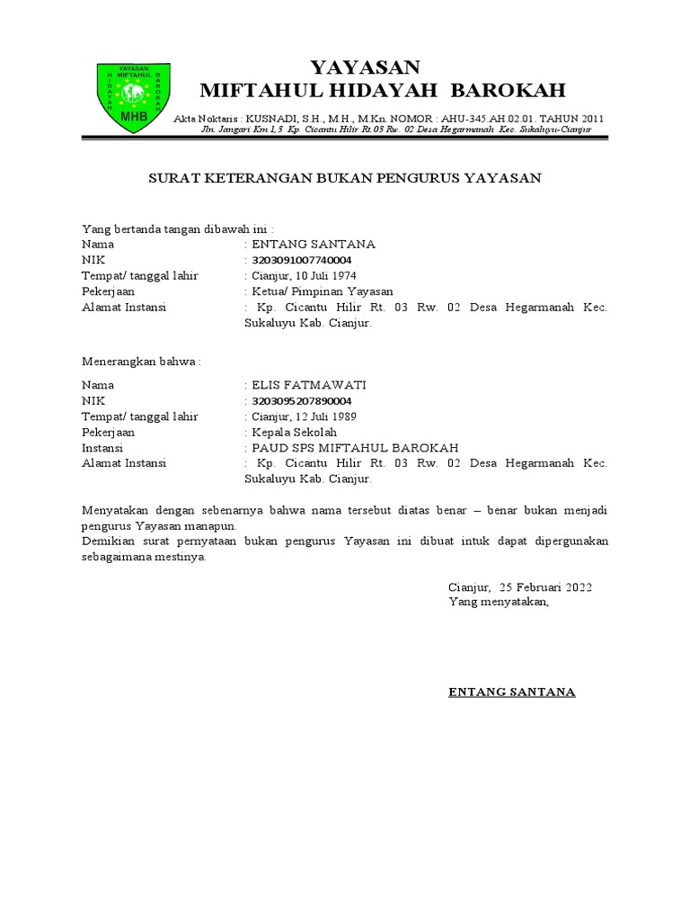 Surat Ijin Memimpin Paud SPS MB | PDF