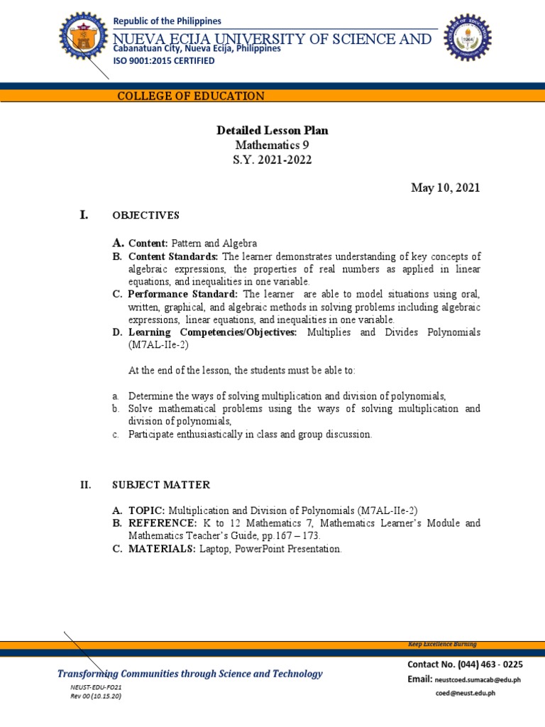 Detailed Lesson Plan | PDF | Division (Mathematics) | Equations