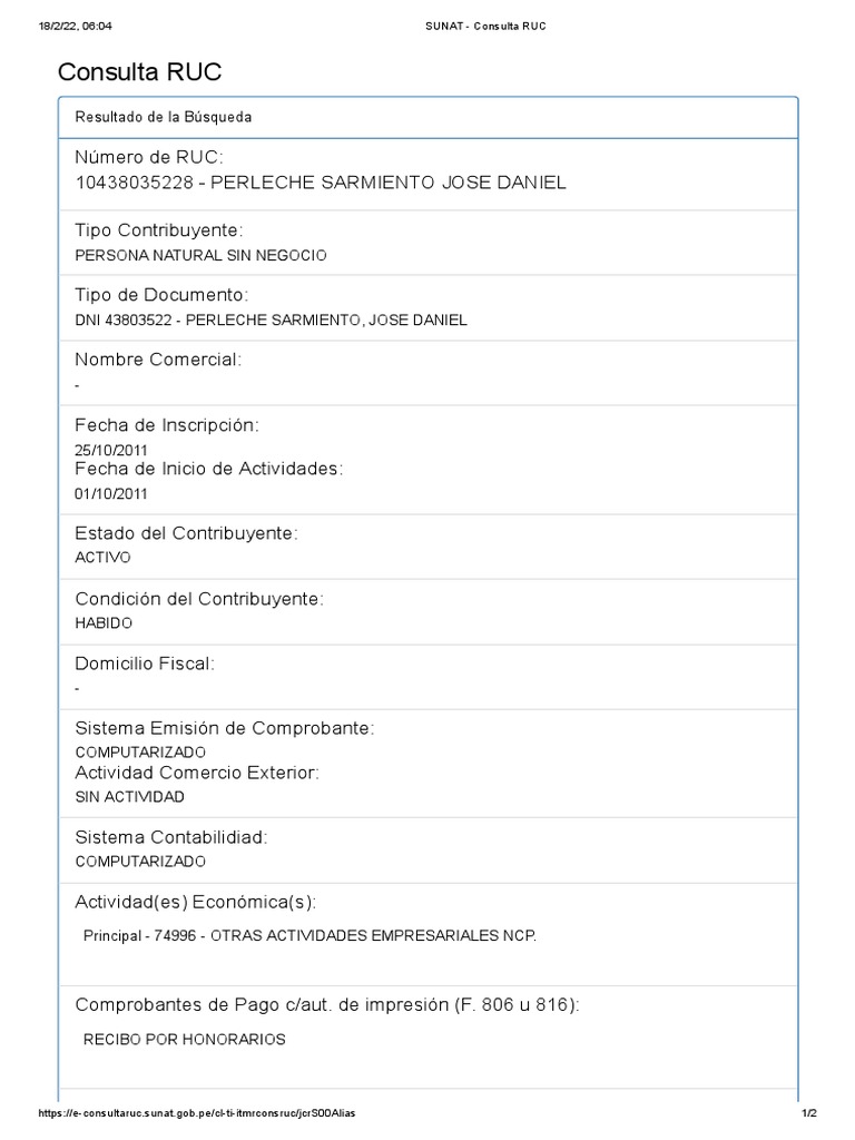 Consulta RUC SUNAT: Perleche Sarmiento | PDF