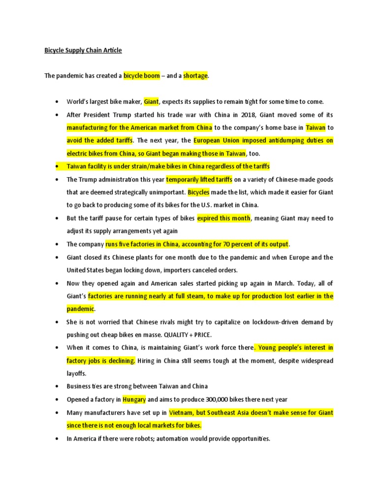 Bicycle Supply Chain Article | PDF