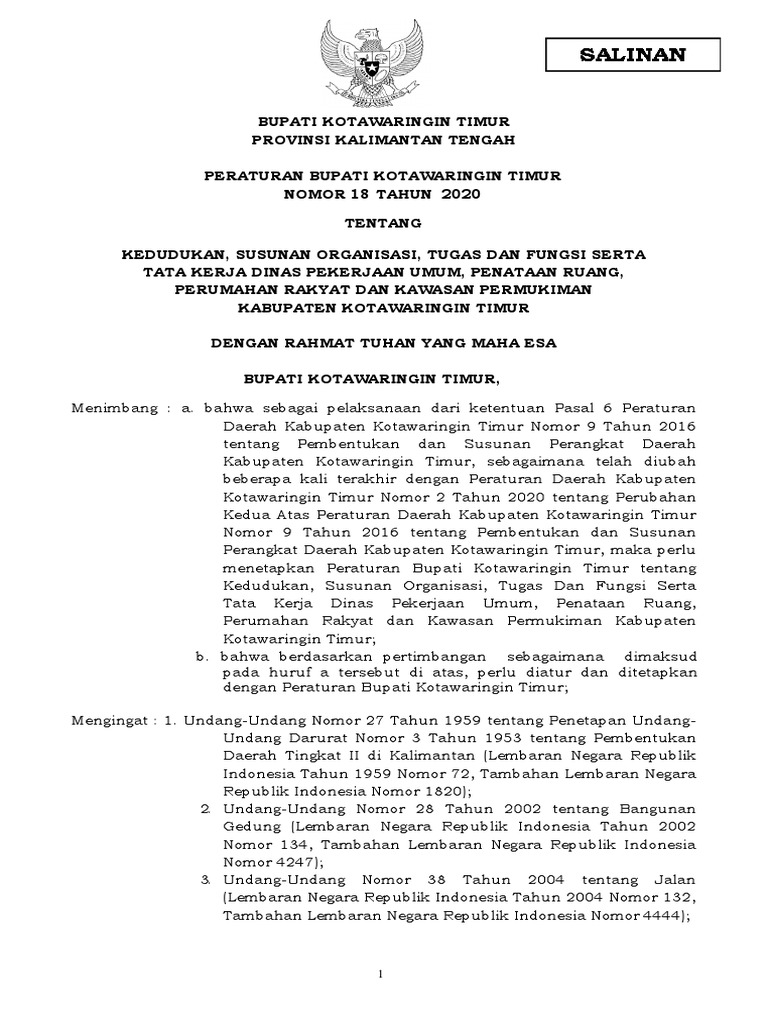 PERBUP NOMOR 18 TH 2020 SOTK Dinas PU, Penataan Ruang, Perumahan Rakyat ...