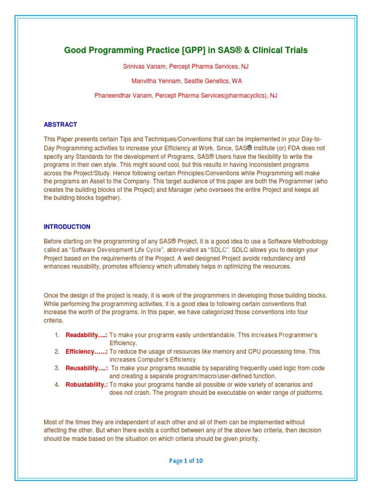 Good Programming Practice (GPP) in SAS® & Clinical Trials | Download Free PDF | Sas (Software ...