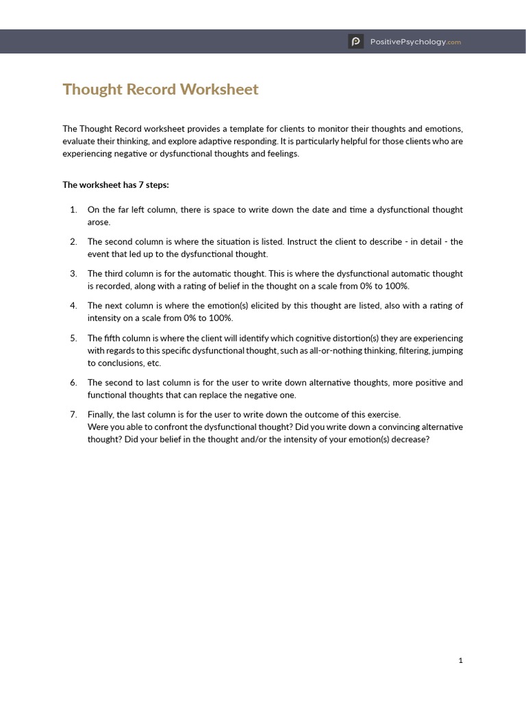 Thought Record Worksheet: The Worksheet Has 7 Steps | PDF | Thought ...