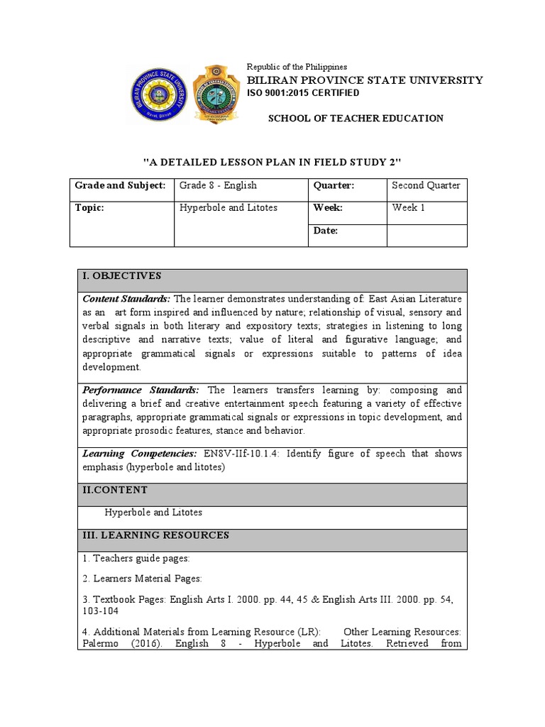 "A Detailed Lesson Plan in Field Study 2" Grade and Subject: Grade 8 ...