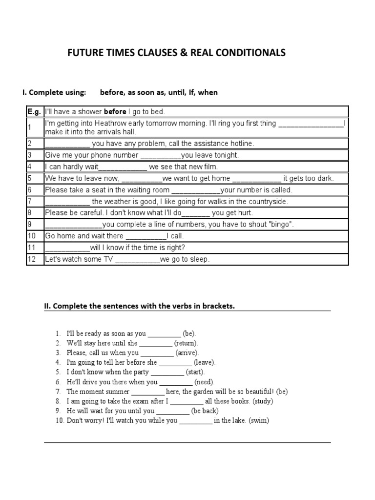 Future Time Clauses & Conditionals Exercises | PDF | Linguistics | Grammar