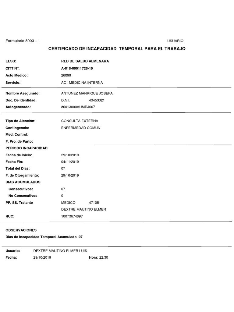 Certificado de Incapacidad Temporal para El Trabajo: Usuario | PDF