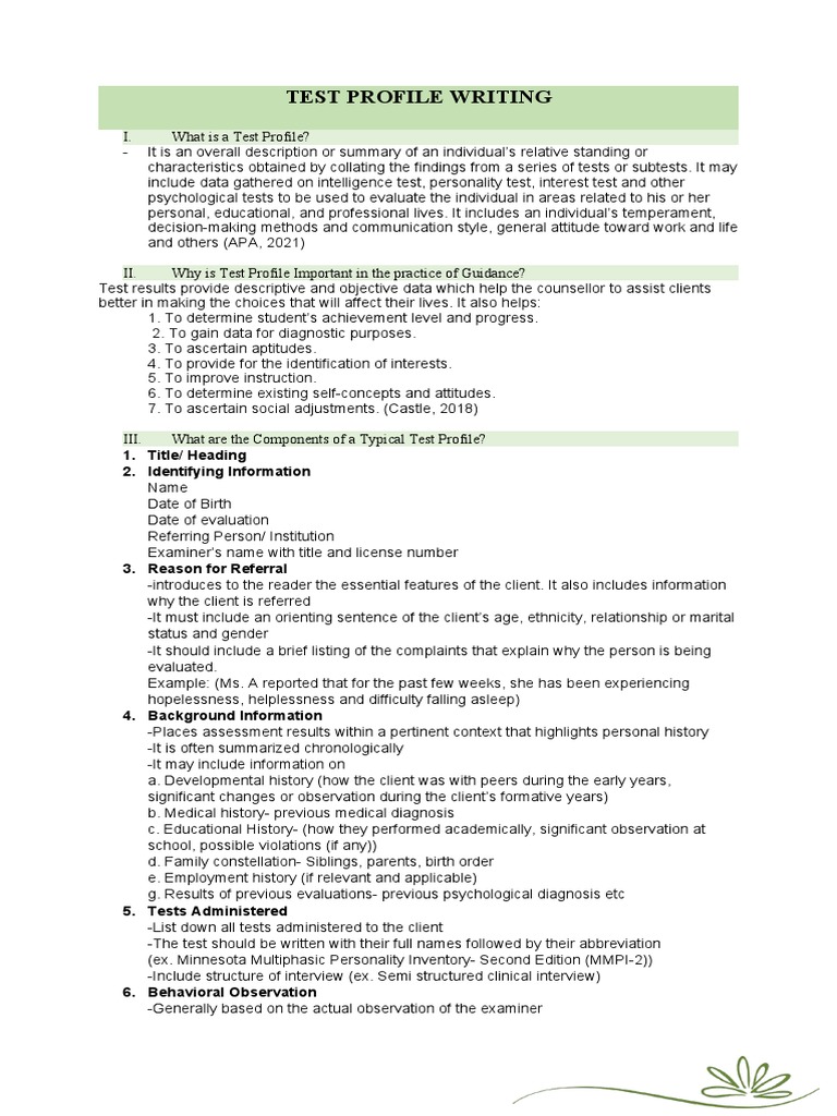 TEST-PROFILE-WRITING IN GUIDANCE AND COUNSELING - Summary | PDF | Test ...