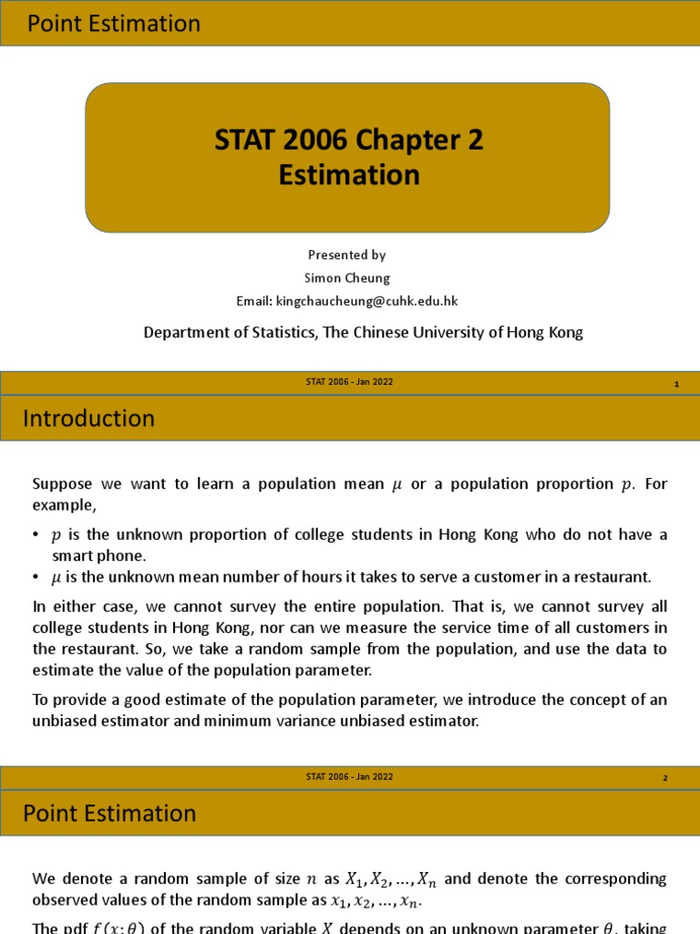 STAT 2006 Chapter 2 - 2022 | PDF | Estimation Theory | Estimator