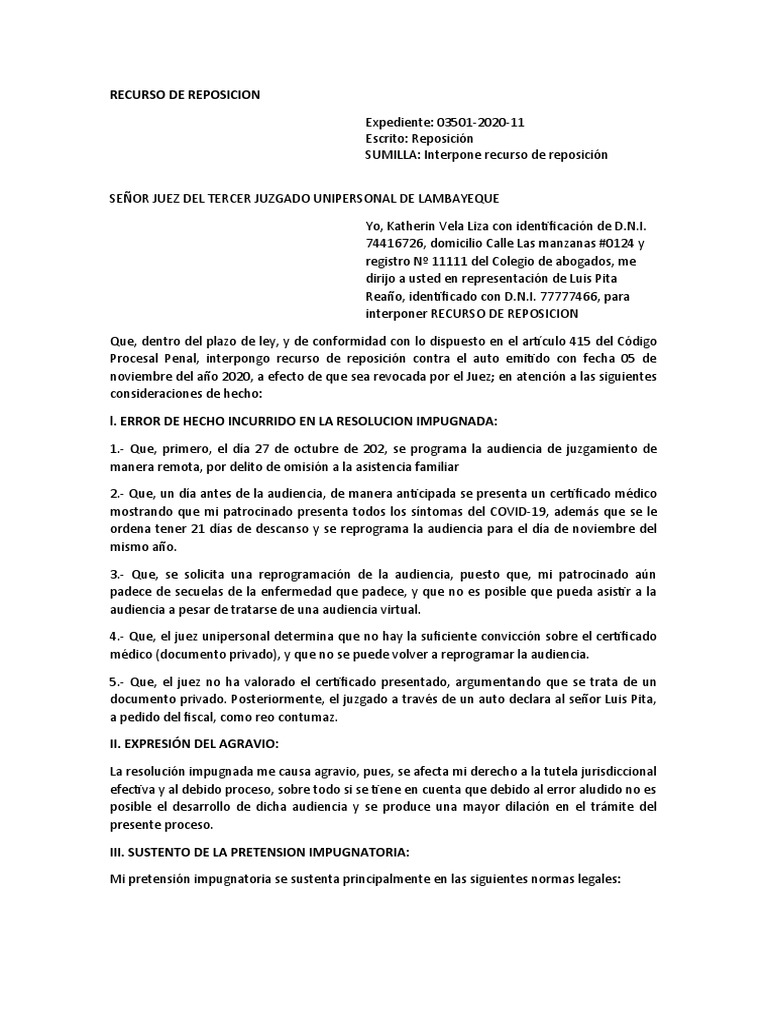 Modelo de Recurso de Reposicion | PDF | Debido al proceso | Ley procesal