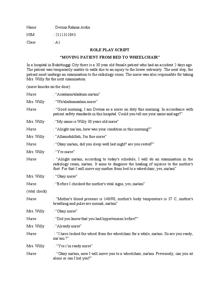 Role Play Moving Patient From Bed To Wheelchair | PDF | Medicine ...