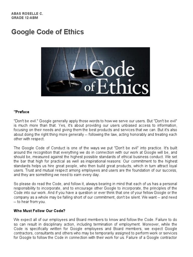 Google Code of Ethics: Abas Roselle C. Grade 12-Abm | Download Free PDF ...