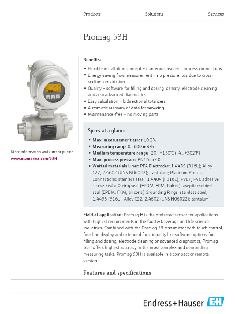 Promag 53H: Specs at A Glance | PDF | Flow Measurement