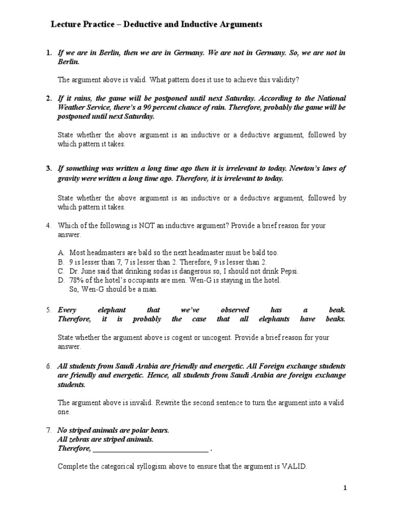 Lecture Practice - Deductive and Inductive Arguments | PDF | Argument | Deductive Reasoning
