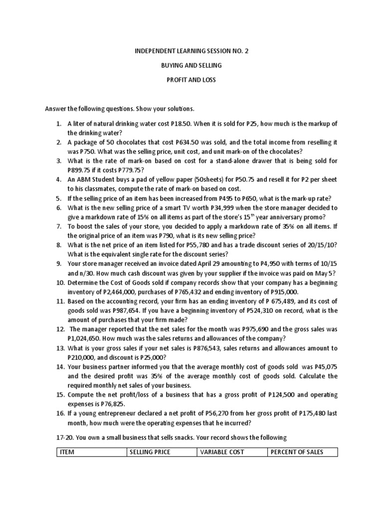 Math Ils 2 | PDF | Cost Of Goods Sold | Sales