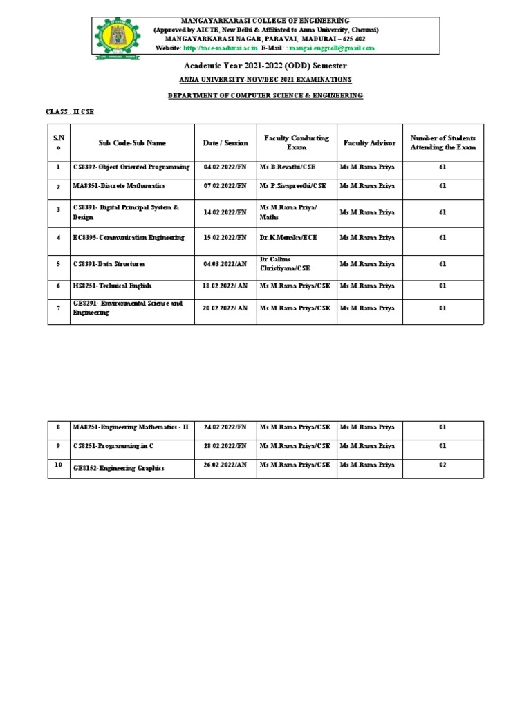 End Semester Exam Timetable Work-Final | PDF | Electronic Engineering ...