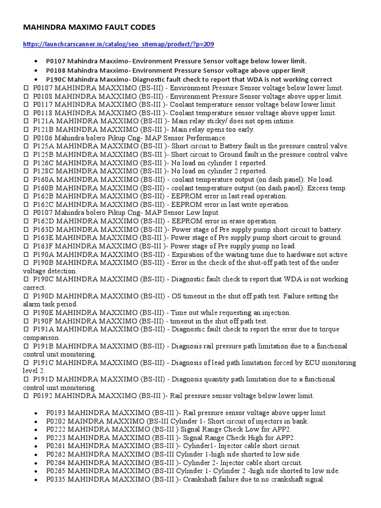 Mahindra Maximo Fault Codes | PDF | Fuel Injection | Analog To Digital Converter