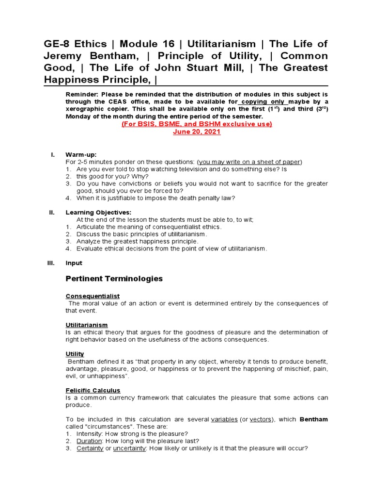 Module 16 Utilitarianism | PDF | Utilitarianism | Pleasure