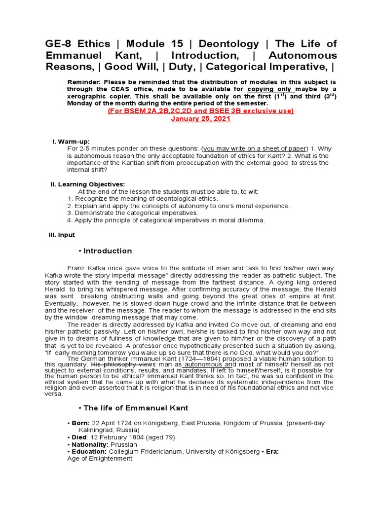 Kant's Deontological Ethics Explained | PDF | Immanuel Kant | Reason