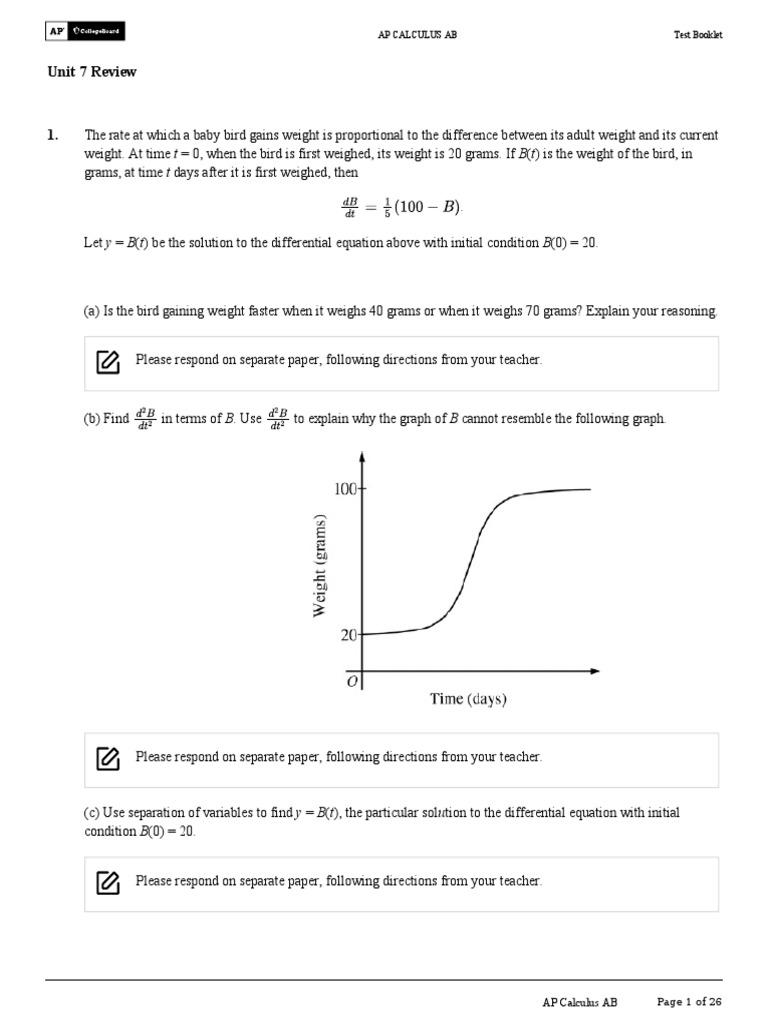 Unit 7 Review: Ap Calculus Ab Test Booklet | PDF | Differential ...
