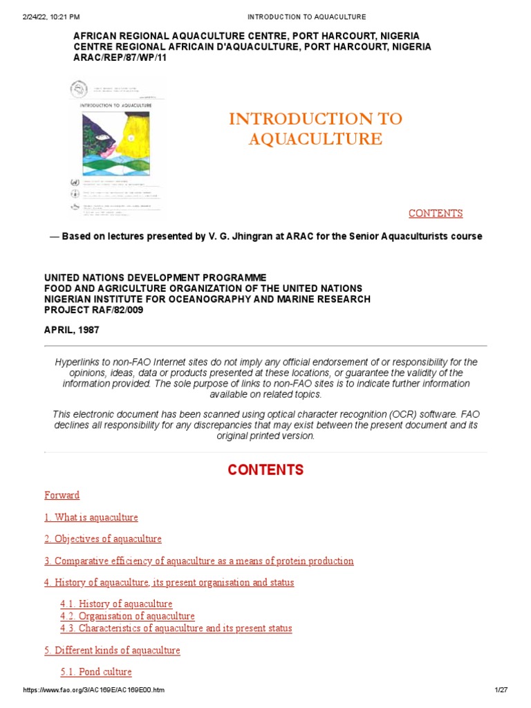 Introduction To Aquaculture | PDF | Aquaculture | Urea