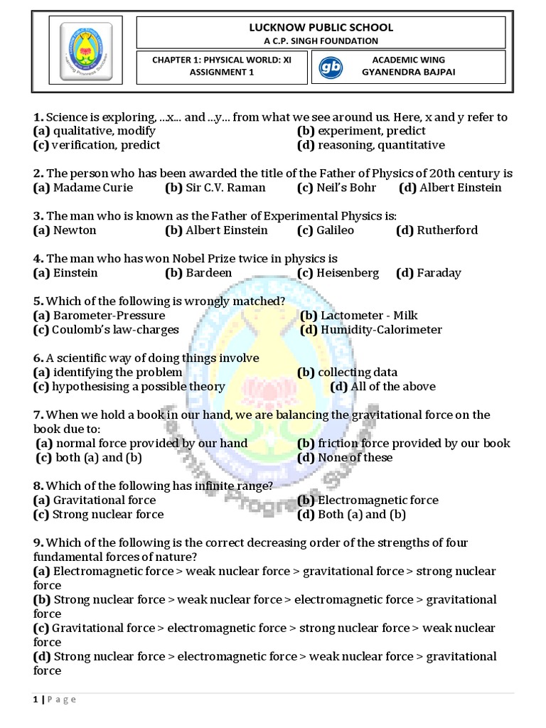 ASSIGNMENT Chapter - 1 CLASS XI | PDF | Force | Physics