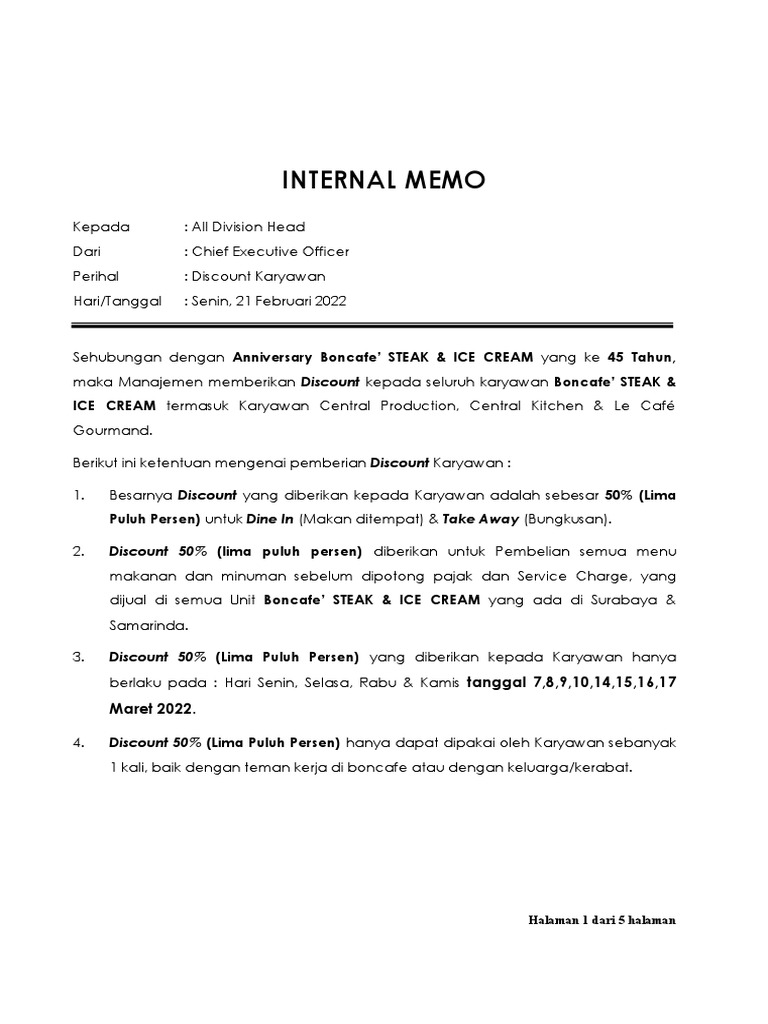 Internal Memo - Discount Karyawan 2022 (Rev.23.2.2022) Boncafe | PDF