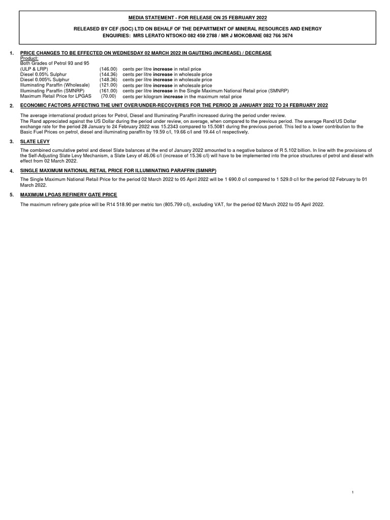 CEF Press Release 25 Feb 2022 | PDF | Gasoline | Diesel Fuel