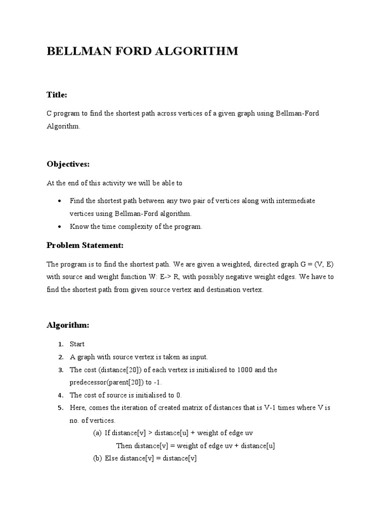 Bellman Ford Algorithm Title Pdf Mathematical Concepts Applied