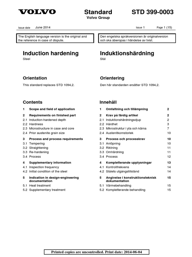 Standard STD 399-0003: Induction Hardening Induktionshärdning | PDF