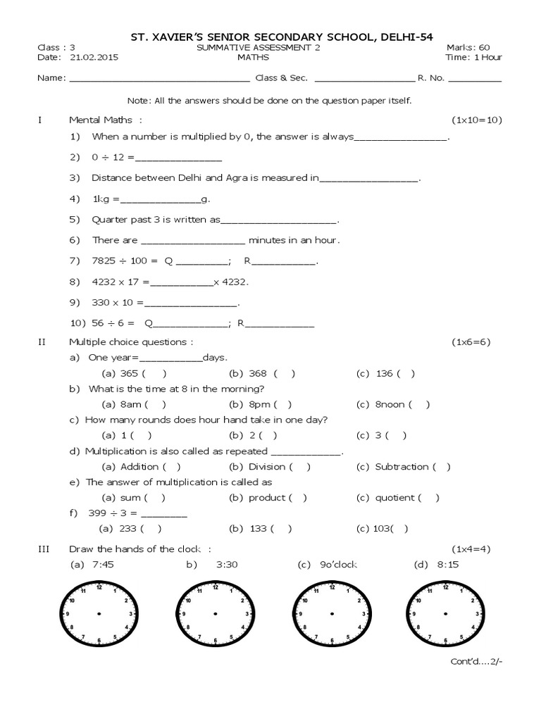 ICSE Class 3 Annual Exam Model Question Paper 2 - MATHS | PDF ...