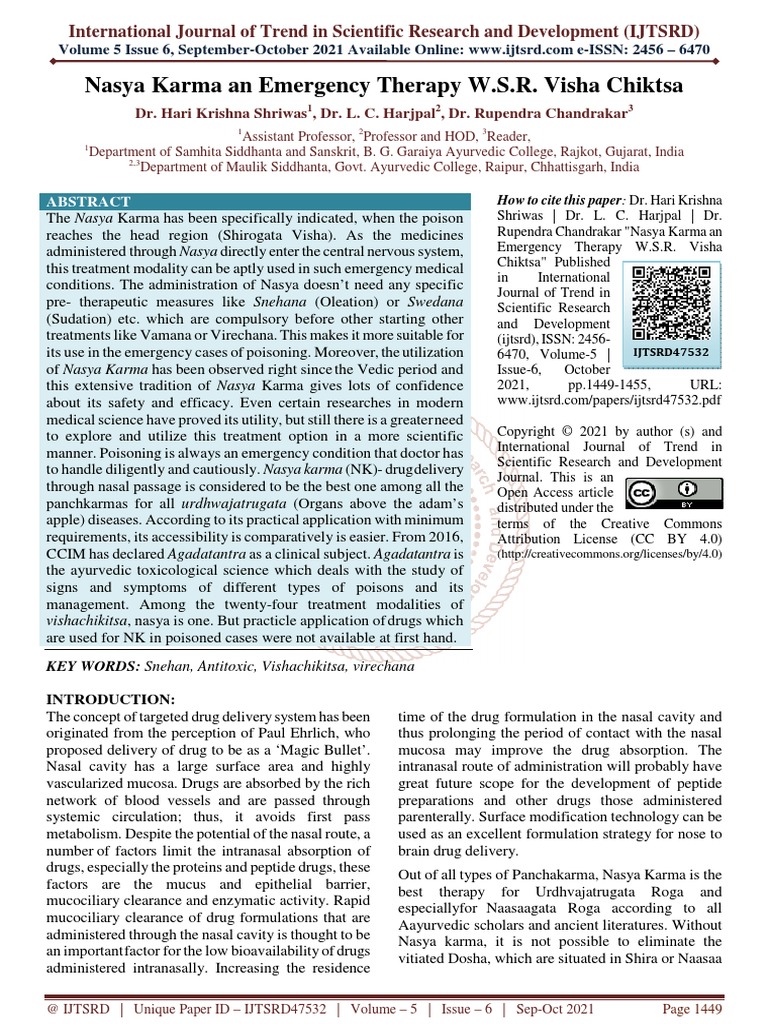 Nasya Karma An Emergency Therapy W.S.R. Visha Chiktsa | PDF | Ayurveda | Medicine