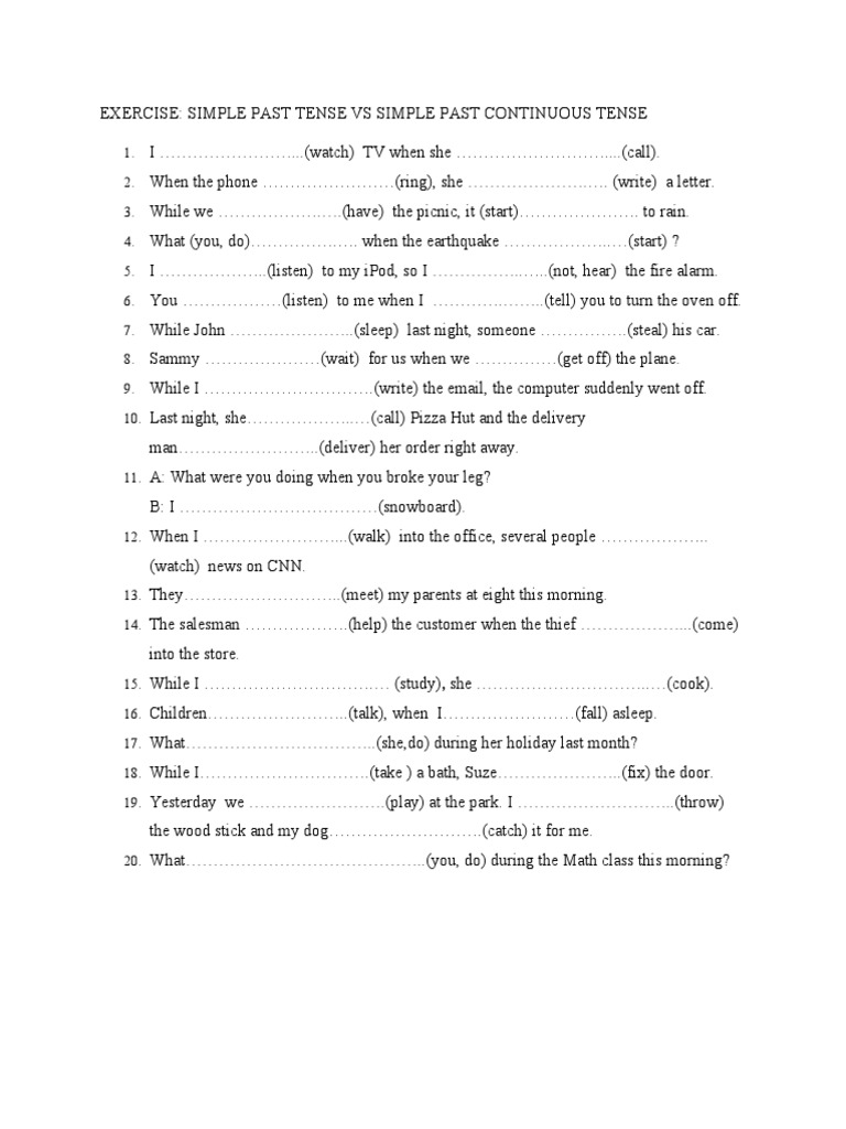 Past Tense Vs Past Continuous Tense Oneonone Activities 42939 | PDF
