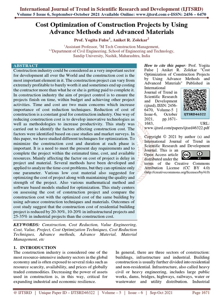 Cost Optimization of Construction Projects by Using Advance Methods and ...