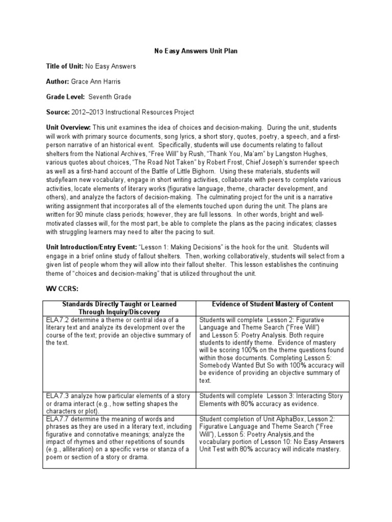 No Easy Answers Seventh Grade Unit Plan | PDF | Educational Assessment ...