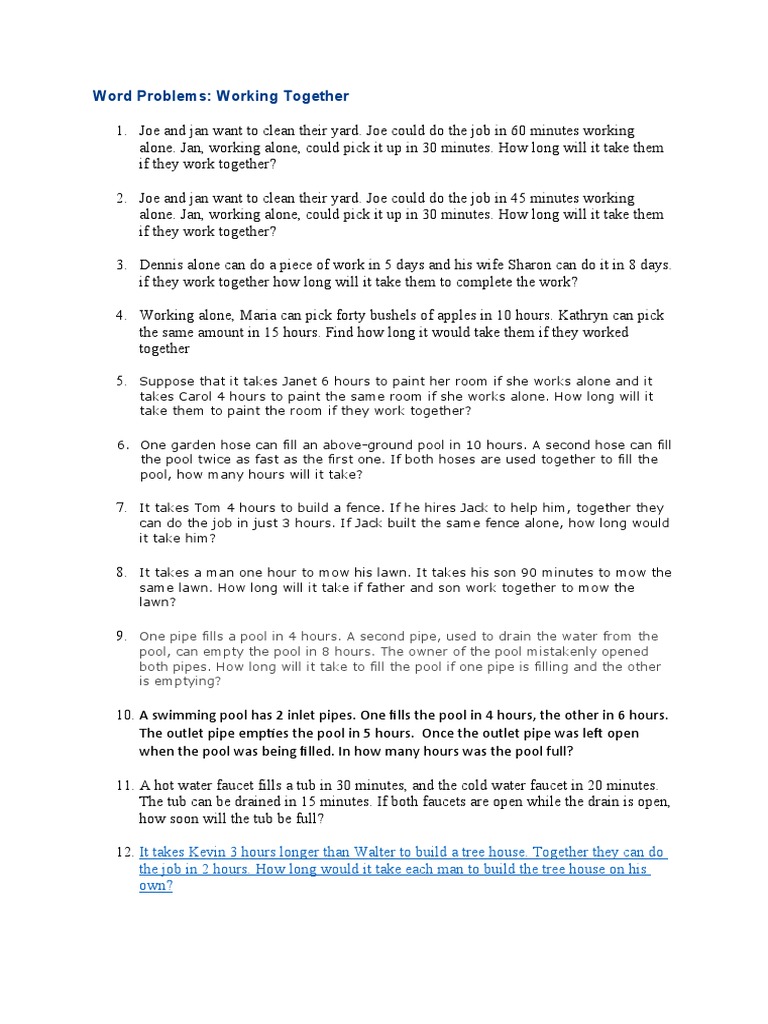 Working Together - Work Time Word Problems | PDF