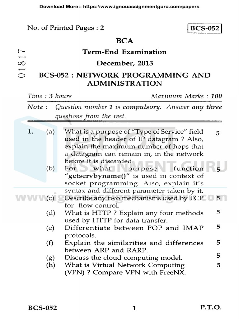 BCS-052 BCA Term-End Examination December, 2013 Q Bcs-052: Network ... BCS-052 BCA Term-End Examination December, 2013 Q Bcs-052: Network ...