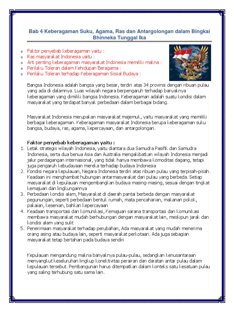 Ringkasan Materi PPKN Kelas 7 Bab 4 Keberagaman Suku Dan Penilaian Harian | PDF