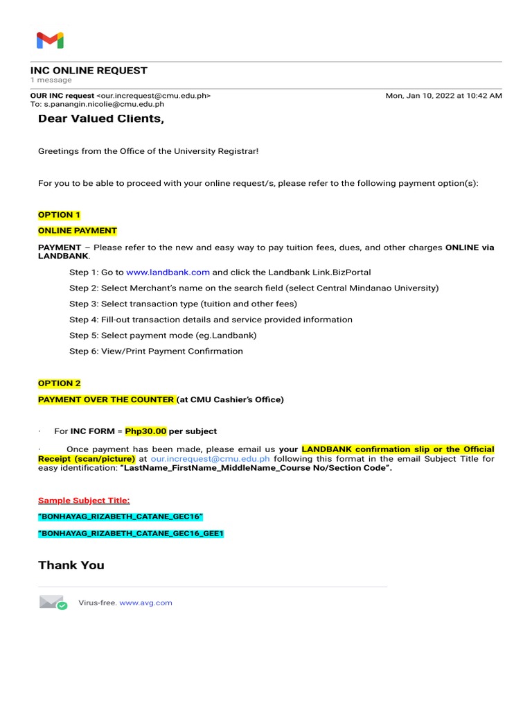 Dear Valued Clients,: Inc Online Request | PDF