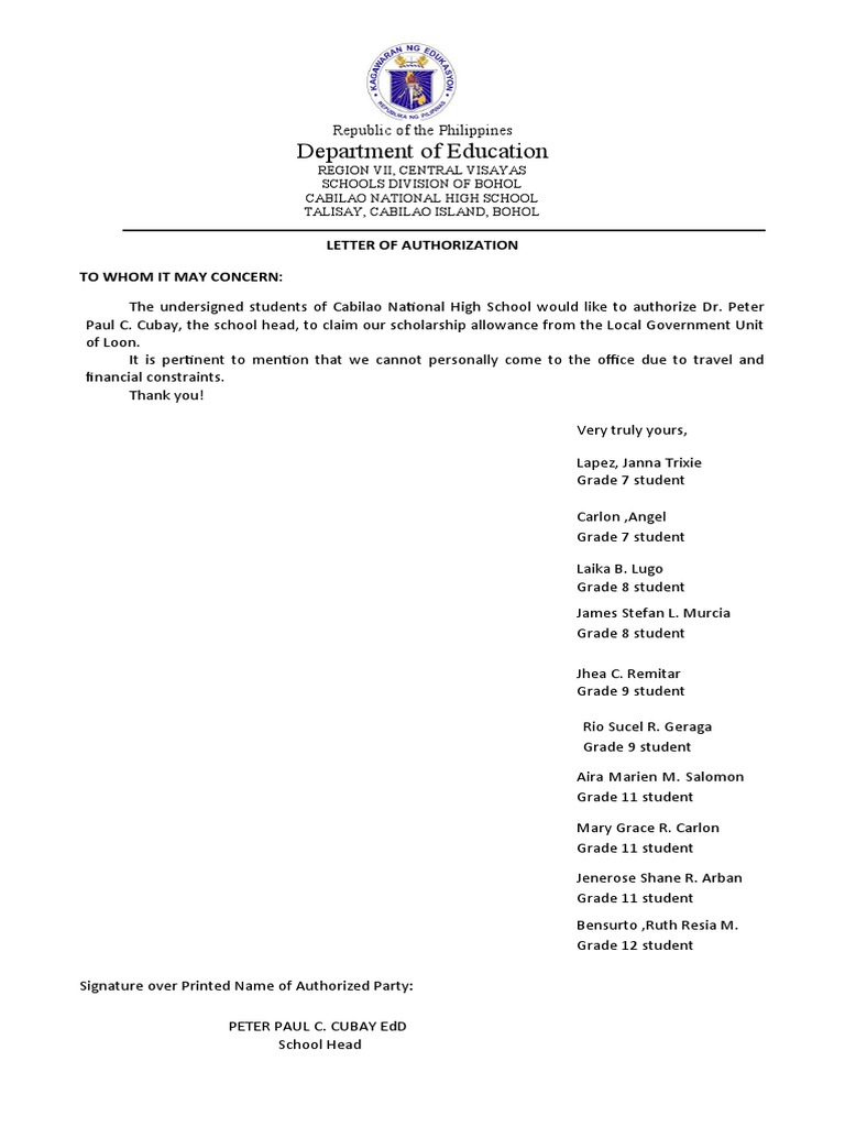 Department of Education: Letter of Authorization To Whom It May Concern ...