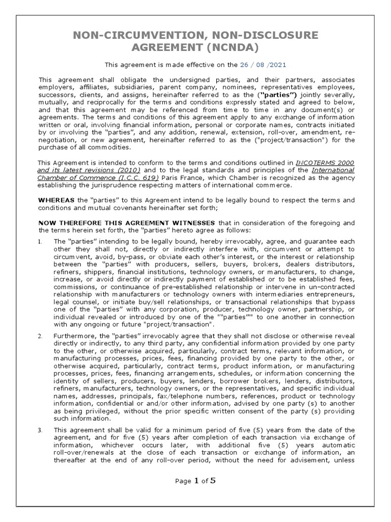 Non-Circumvention, Non-Disclosure Agreement (Ncnda) | PDF | Financial ...