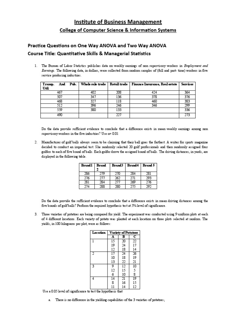 ANOVA Practice Questions and Tests | PDF | Statistics | Scientific Method