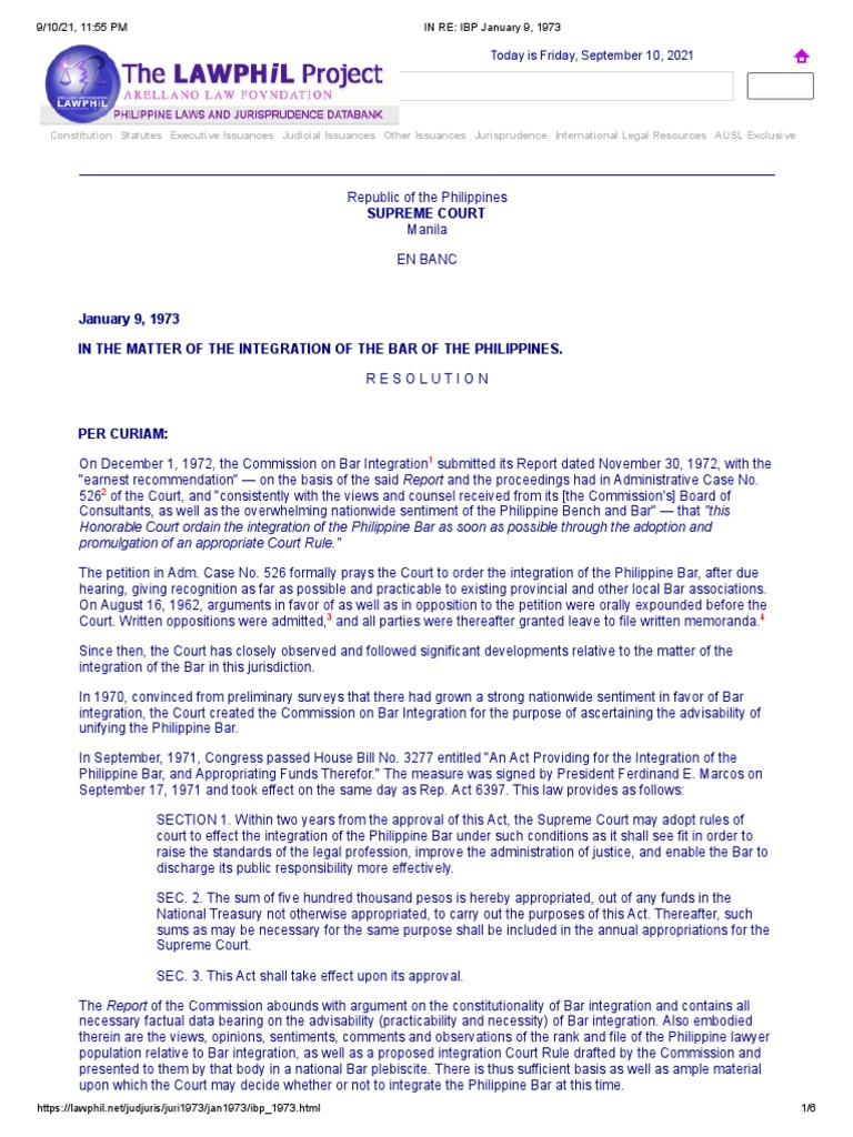 in The Matter of The Integration of The Bar of The Philippines. | PDF ...