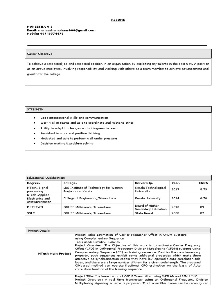 Resume Maneesha M S Mobile: 09746574476 | PDF | Orthogonal Frequency Division Multiplexing ...